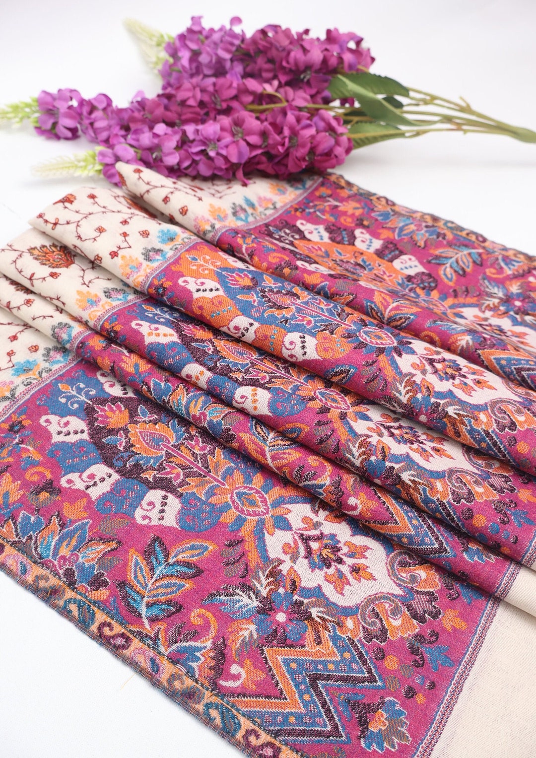 Pure Woolen Kani and Needle Embroidered Kashmiri Shawl,ivory Kashmiri ...