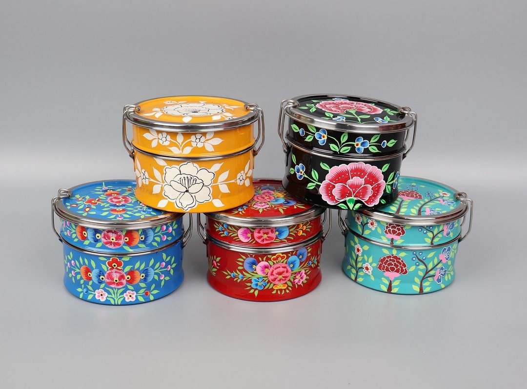 Hand Painted Round 2 Tier Lunch Boxes | Kashmir Enamelware | Indian ...
