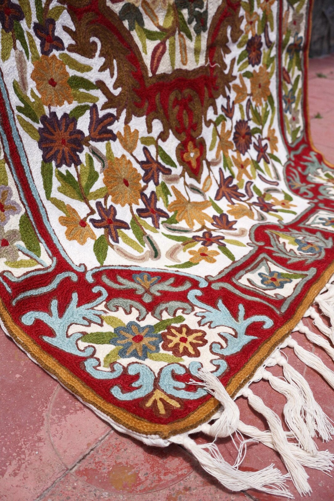 Handmade Kashmir Wool Table Runner: Chain Stitch Embroidered Tapestry ...