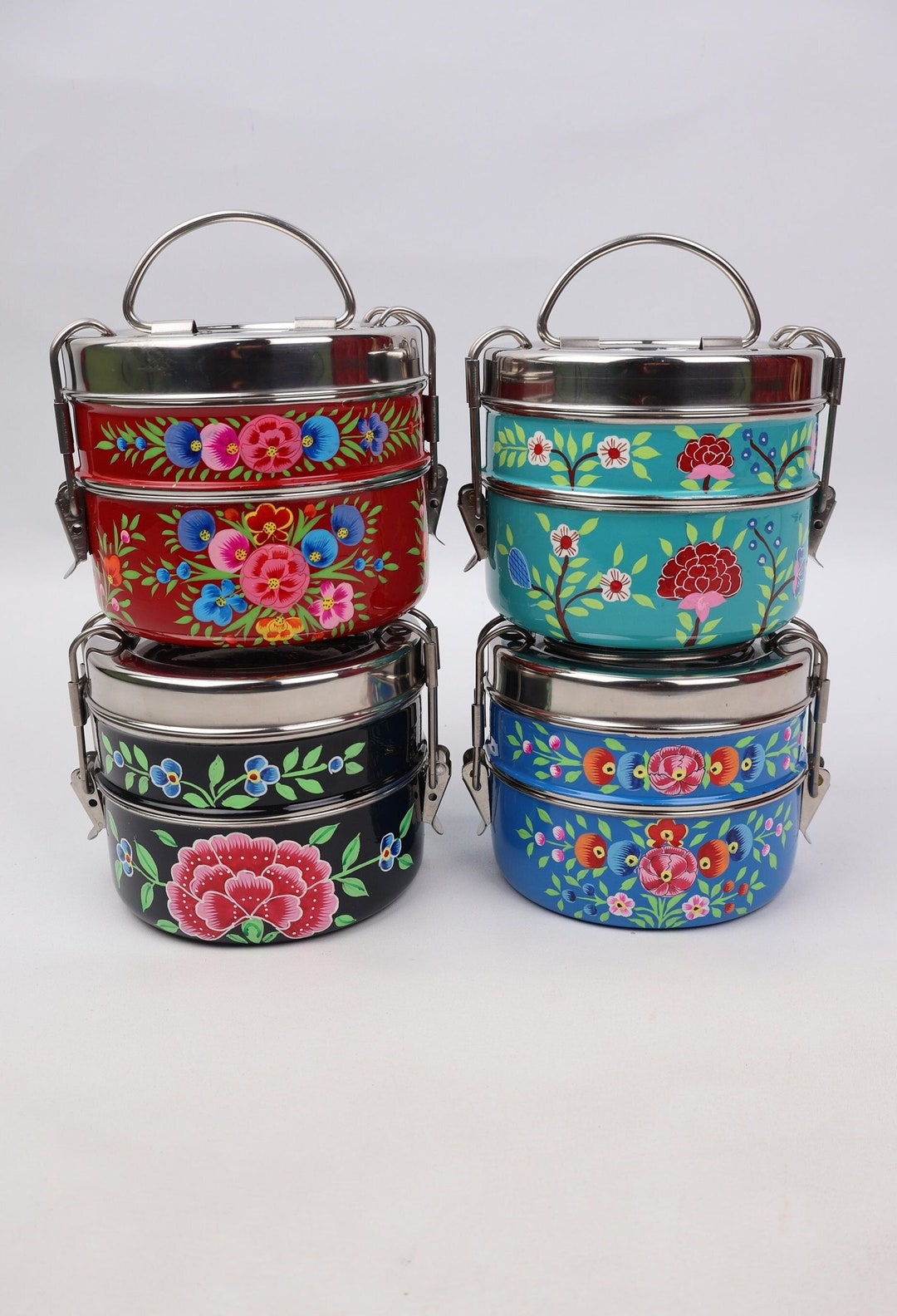 Hand Painted 2 Tier Round Tiffin From India| Kashmir Enamelware ...