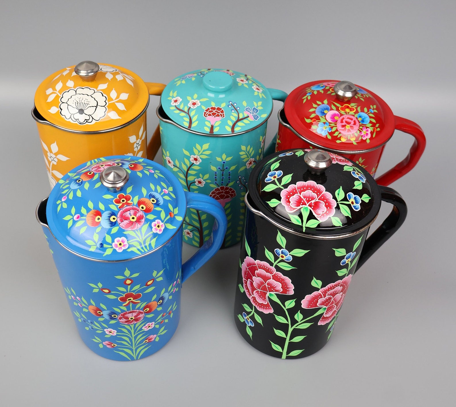 Hand Painted Water Pitcher With Lid From India | Kashmir Enamelware ...
