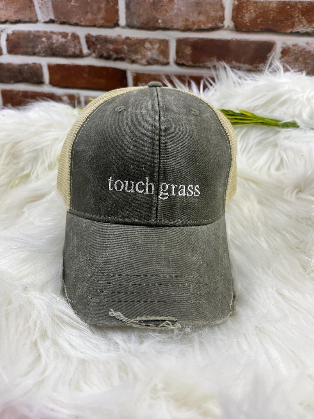 Touch Grass Embroidered Distressed Adams Hat – Custom Thread Color ...