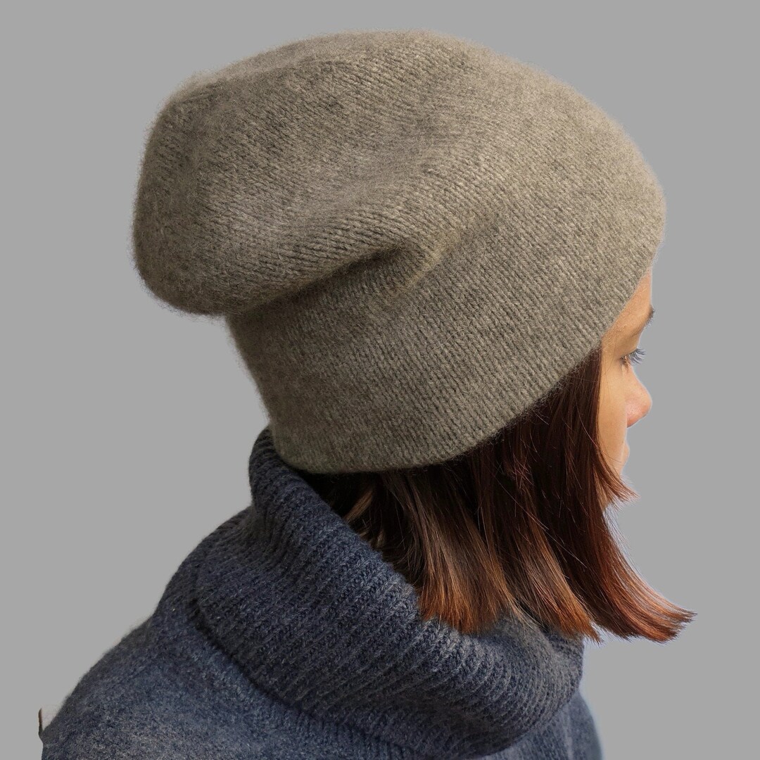Yak Wool Winter Hat, Warm Slouchy Beanie for Women, Gray Knit Wool Cap ...
