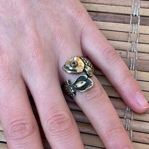 Fish Brass Ring Adjustable Gold Ring With Garnet Stone - Etsy