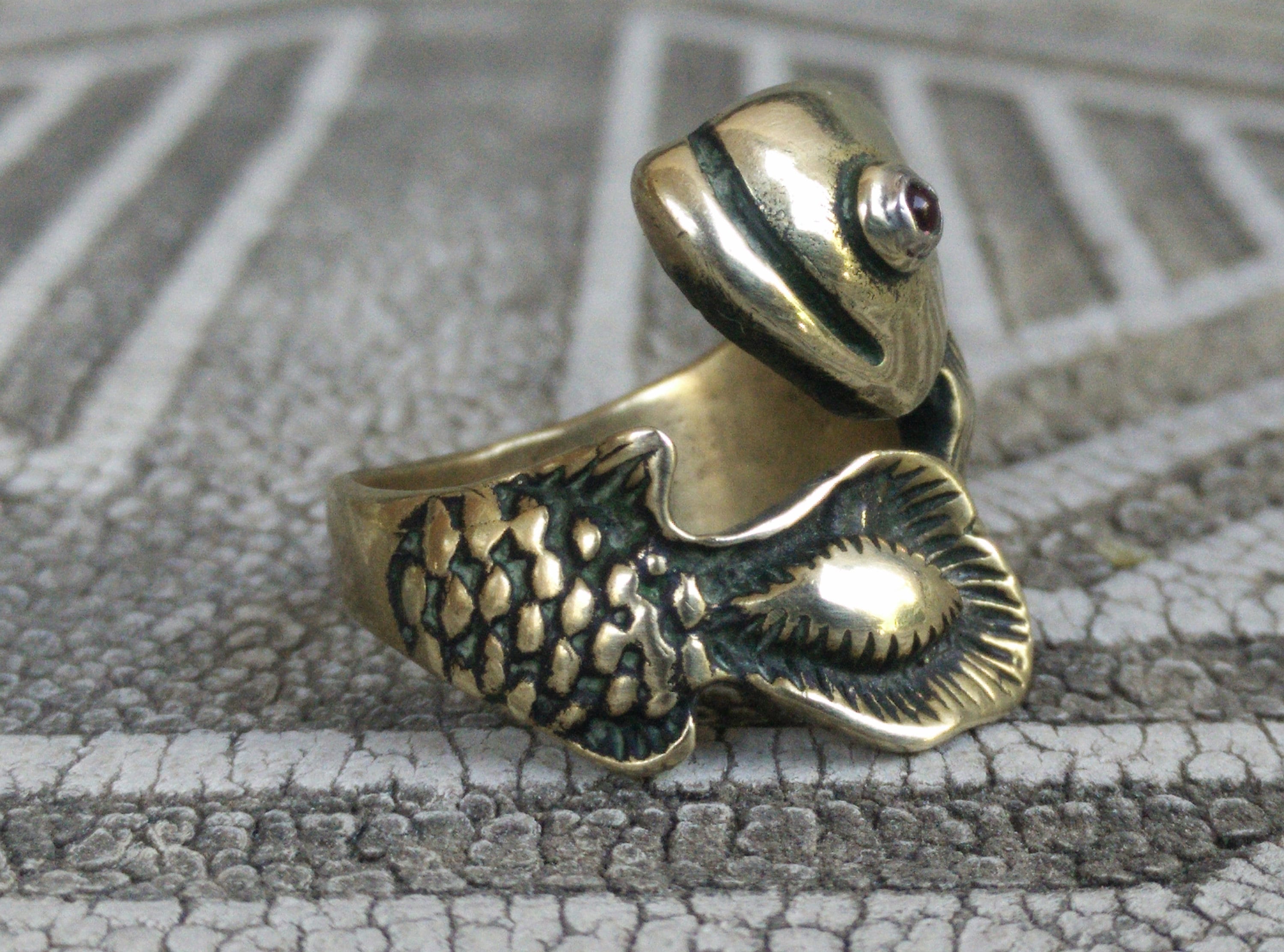 Fish Brass Ring Adjustable Gold Ring With Garnet Stone - Etsy