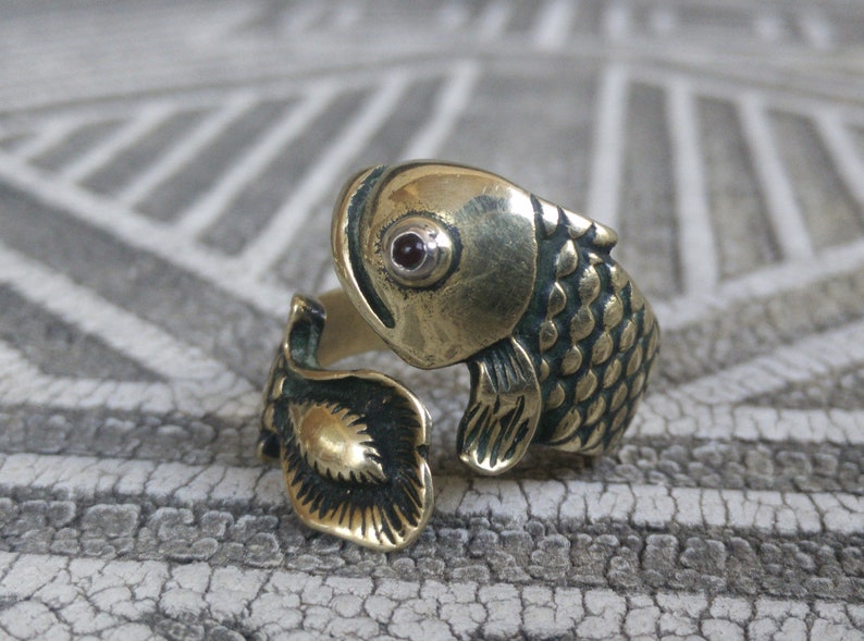 Fish Brass Ring Adjustable Gold Ring With Garnet Stone - Etsy