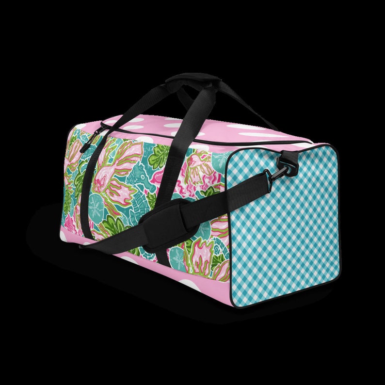 Large Duffle Bag Preppy Pink Angel Fish Aqua Gingham Tropical Paradise ...