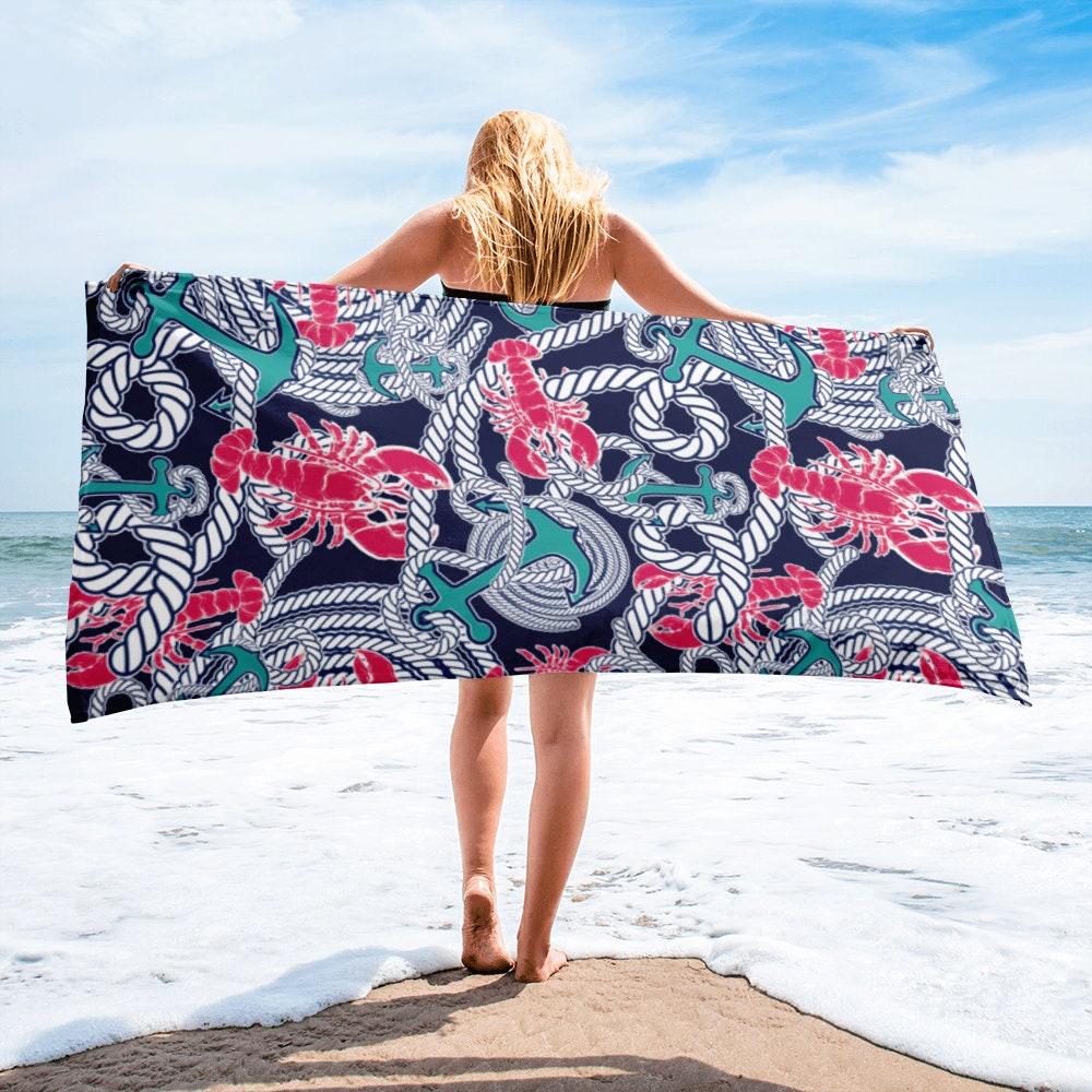 Beach Towel Preppy Pink Lobster Aqua Anchor Navy Large or Pool Towel ...