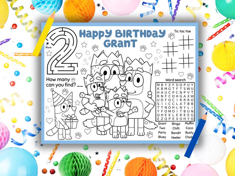 Bluey Birthday Coloring Page for Kids - Printable Custom Birthday ...