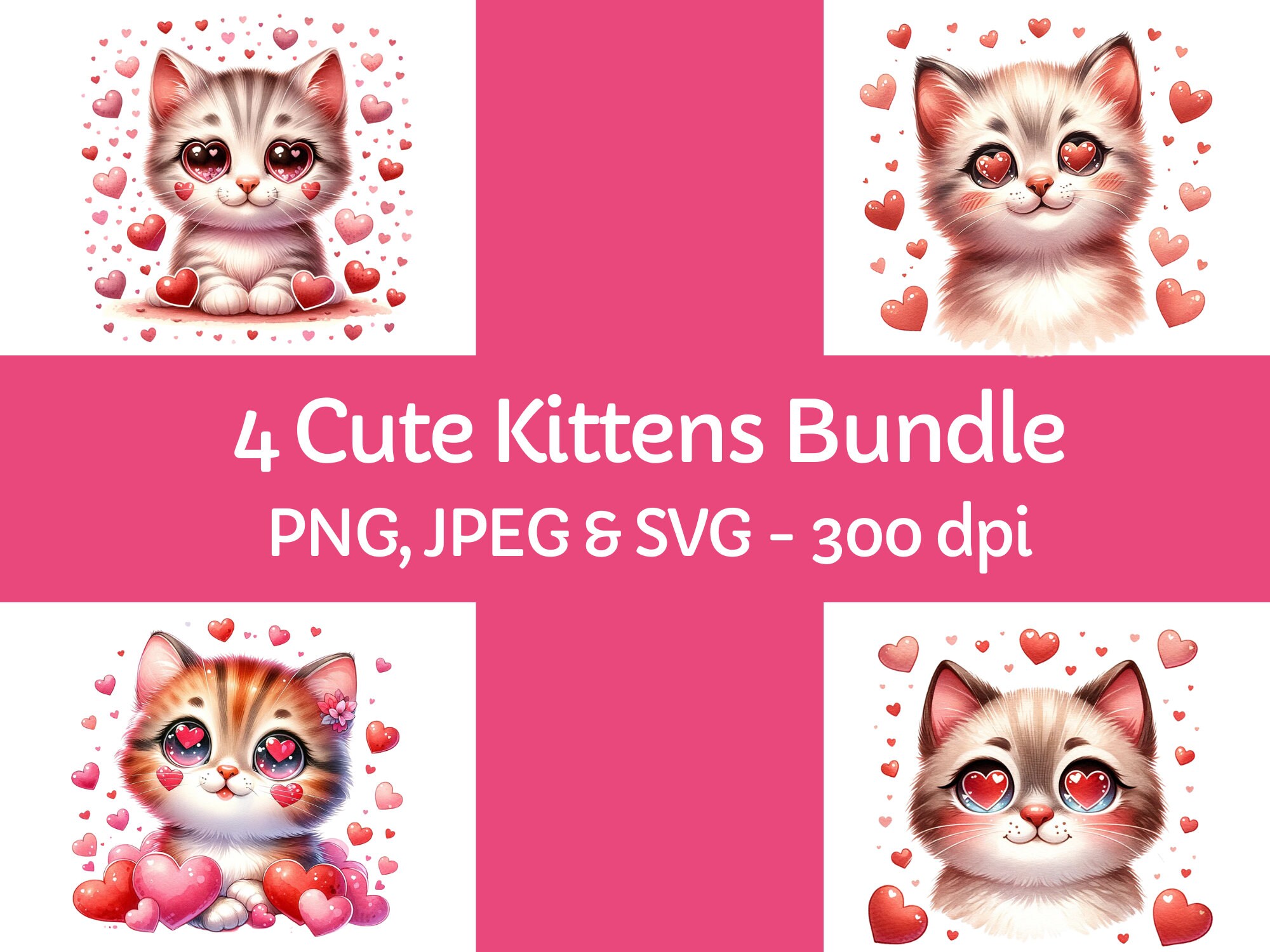 4 Watercolour Cute Kittens Clipart Cats Kittens Love Hearts Valentines ...