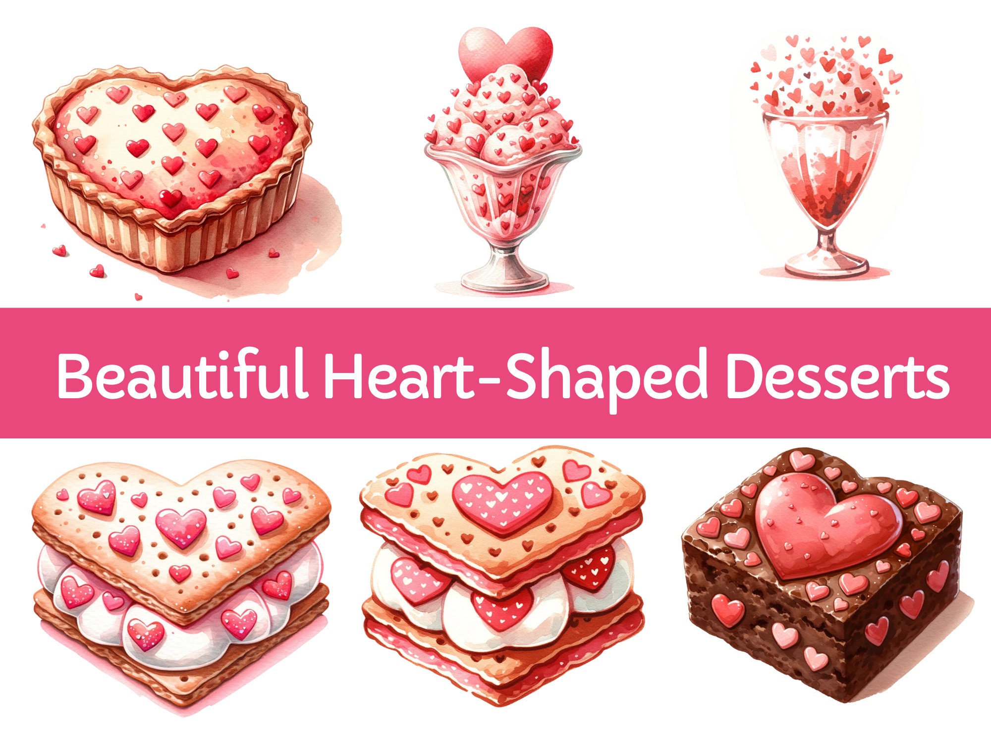 Watercolour Heart Shaped Desserts Clipart Bundle Love Hearts Valentines ...