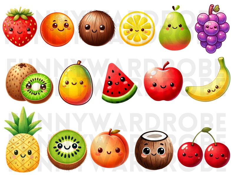 Watercolour Cute Happy Fruit Clipart Bundle Cartoon Fruit Clipart ...