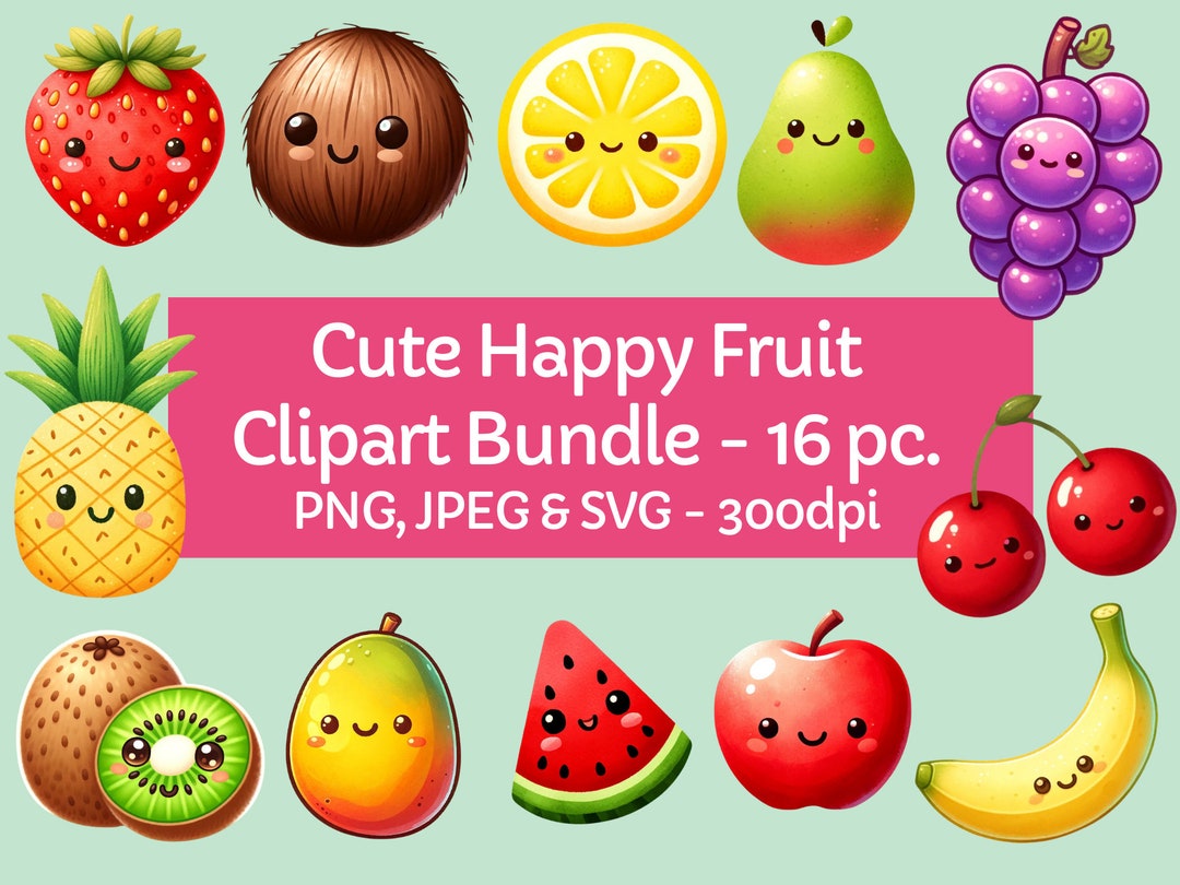 Watercolour Cute Happy Fruit Clipart Bundle - Cartoon Fruit Clipart ...