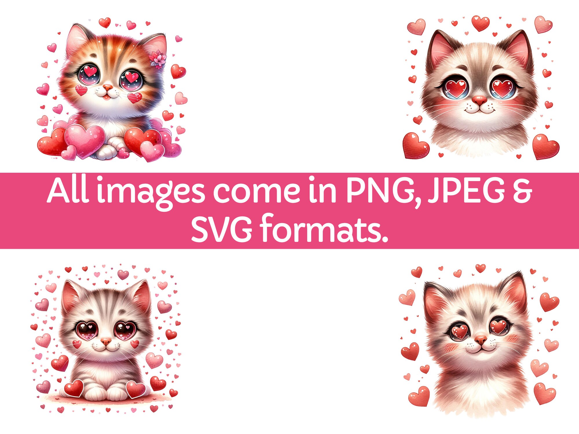 4 Watercolour Cute Kittens Clipart Cats Kittens Love Hearts Valentines ...