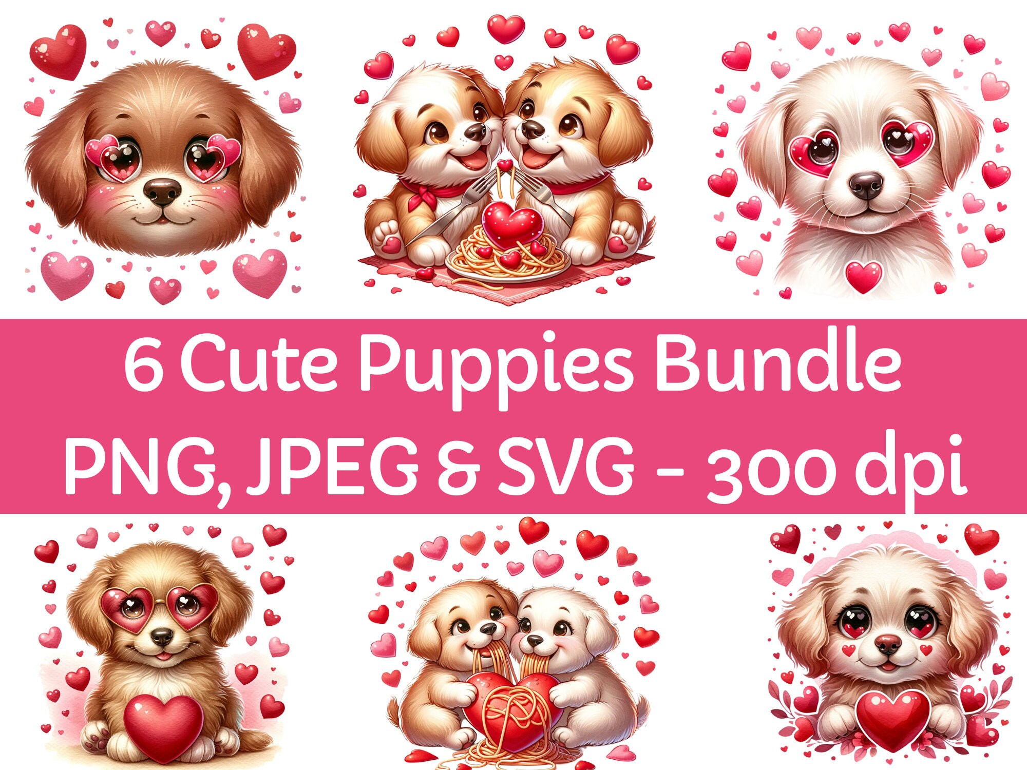 6 Watercolour Cute Puppies Clipart - Dogs Puppy - Love Hearts ...
