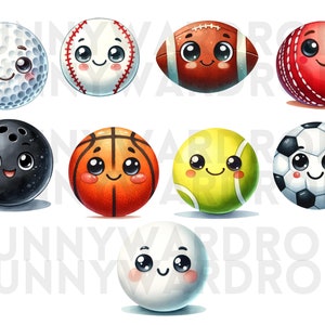 Watercolour Cute Sports Balls Clipart Bundle - Cartoon Sports Balls ...