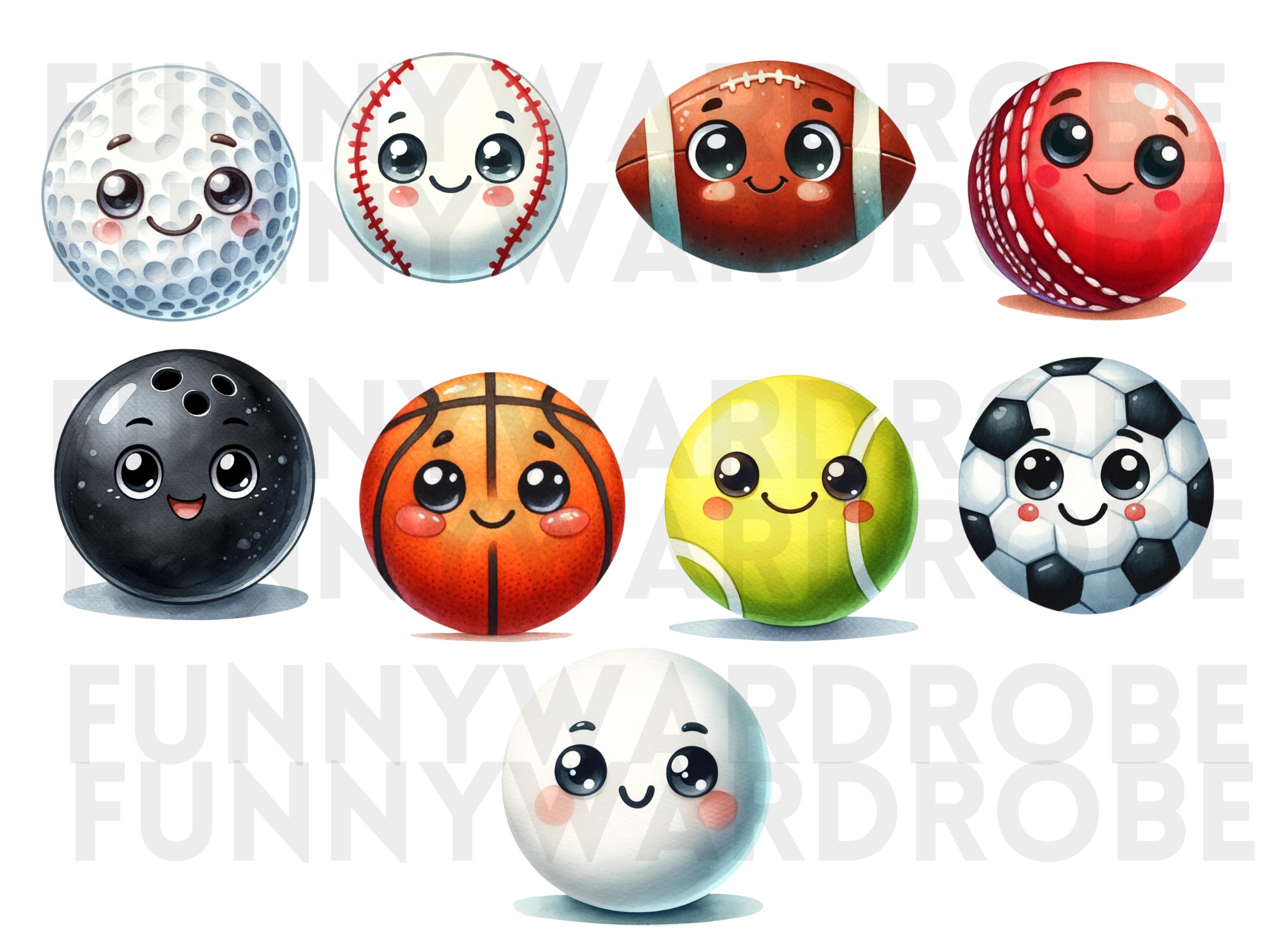 Watercolour Cute Sports Balls Clipart Bundle - Cartoon Sports Balls ...