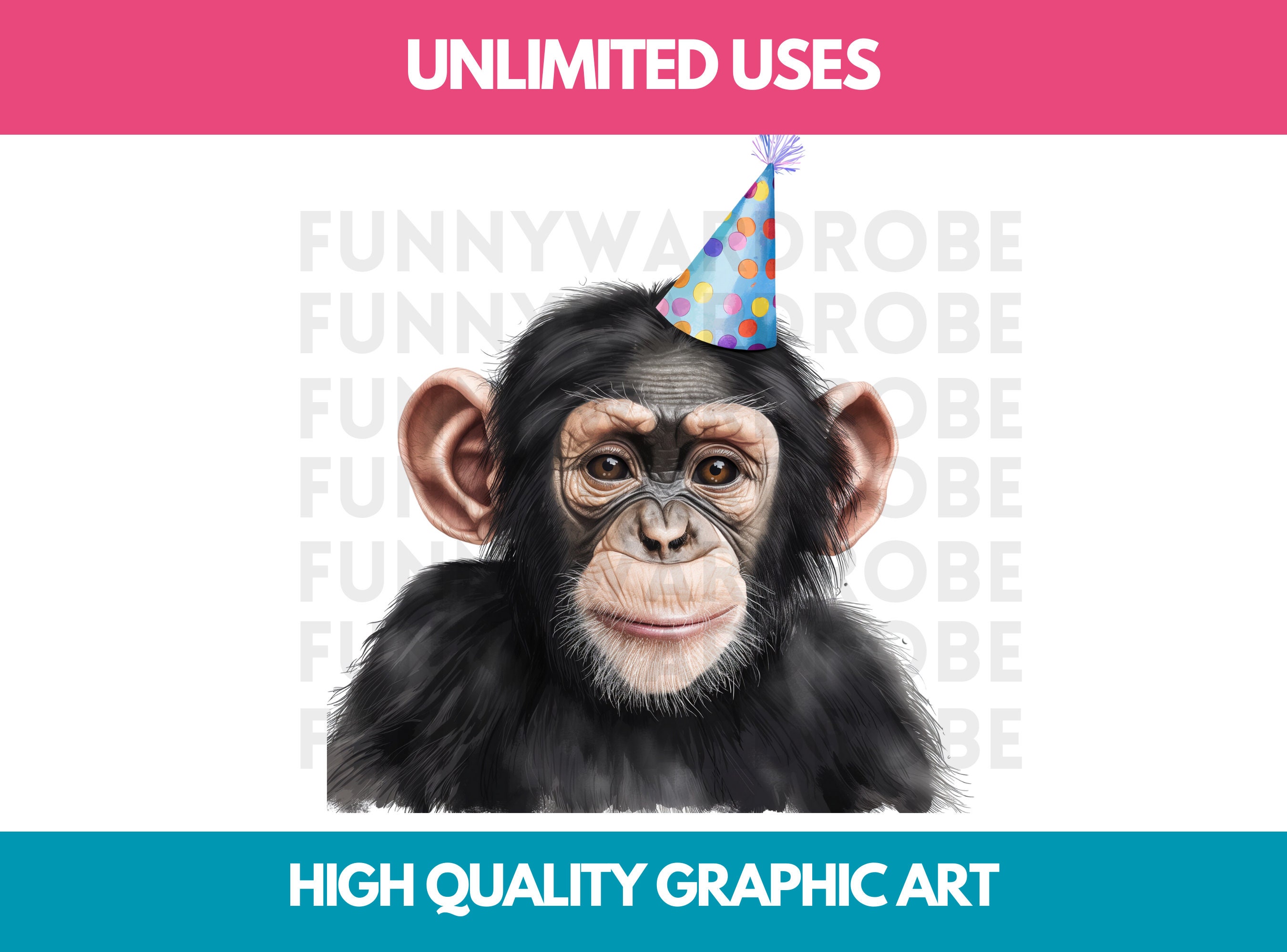 Chimpanzee Party Hat Clipart: Watercolor Chimp PNG SVG JPG (digital ...