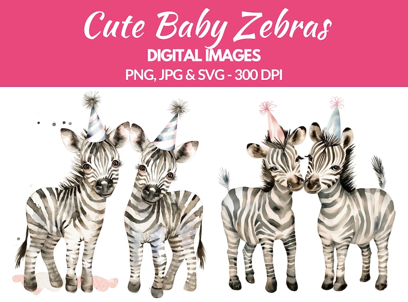 Cute Baby Zebra With Party Hats Watercolor Effect PNG SVG JPG Digital ...