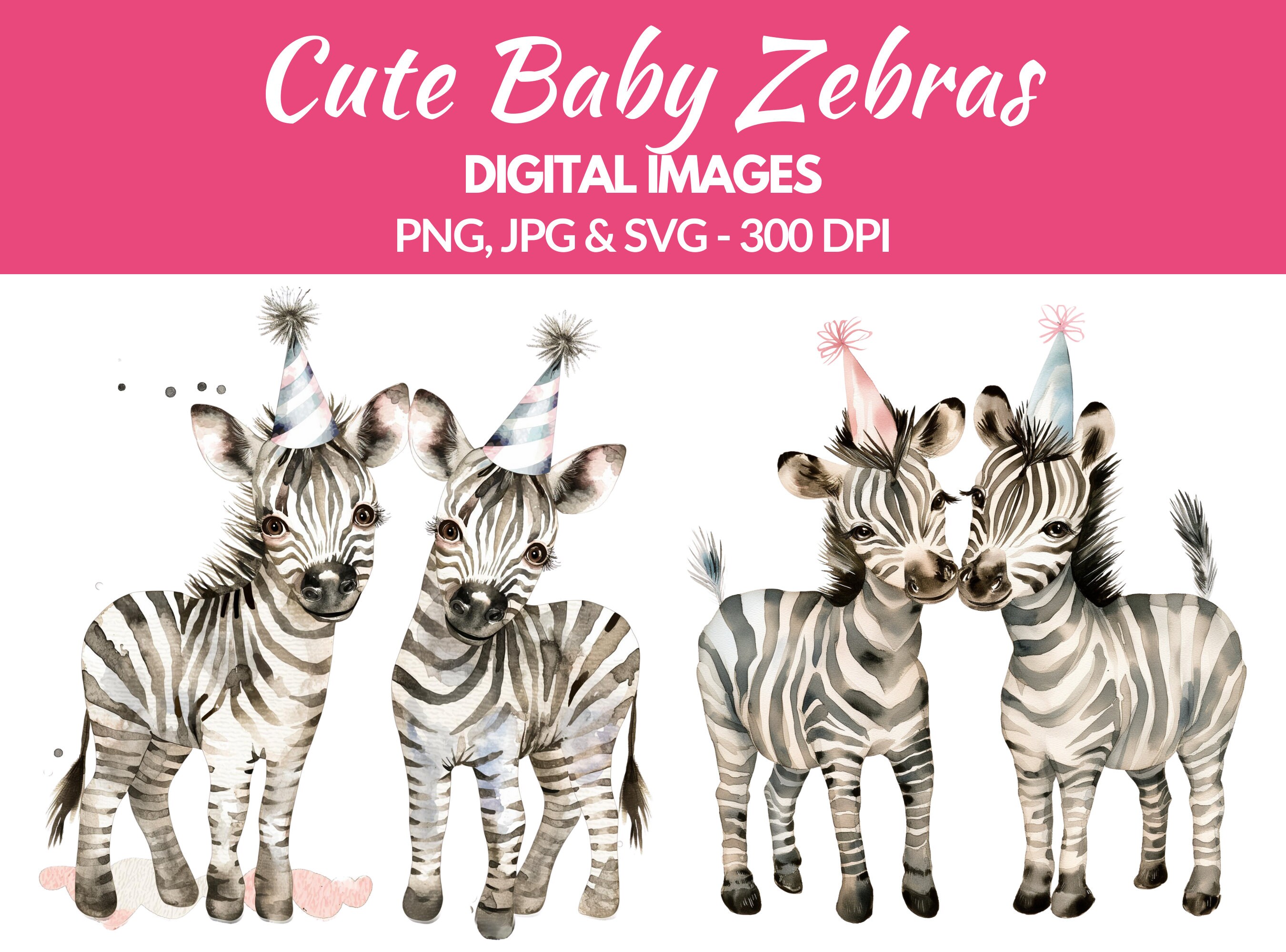 Cute Baby Zebra With Party Hats Watercolor Effect PNG SVG JPG Digital ...