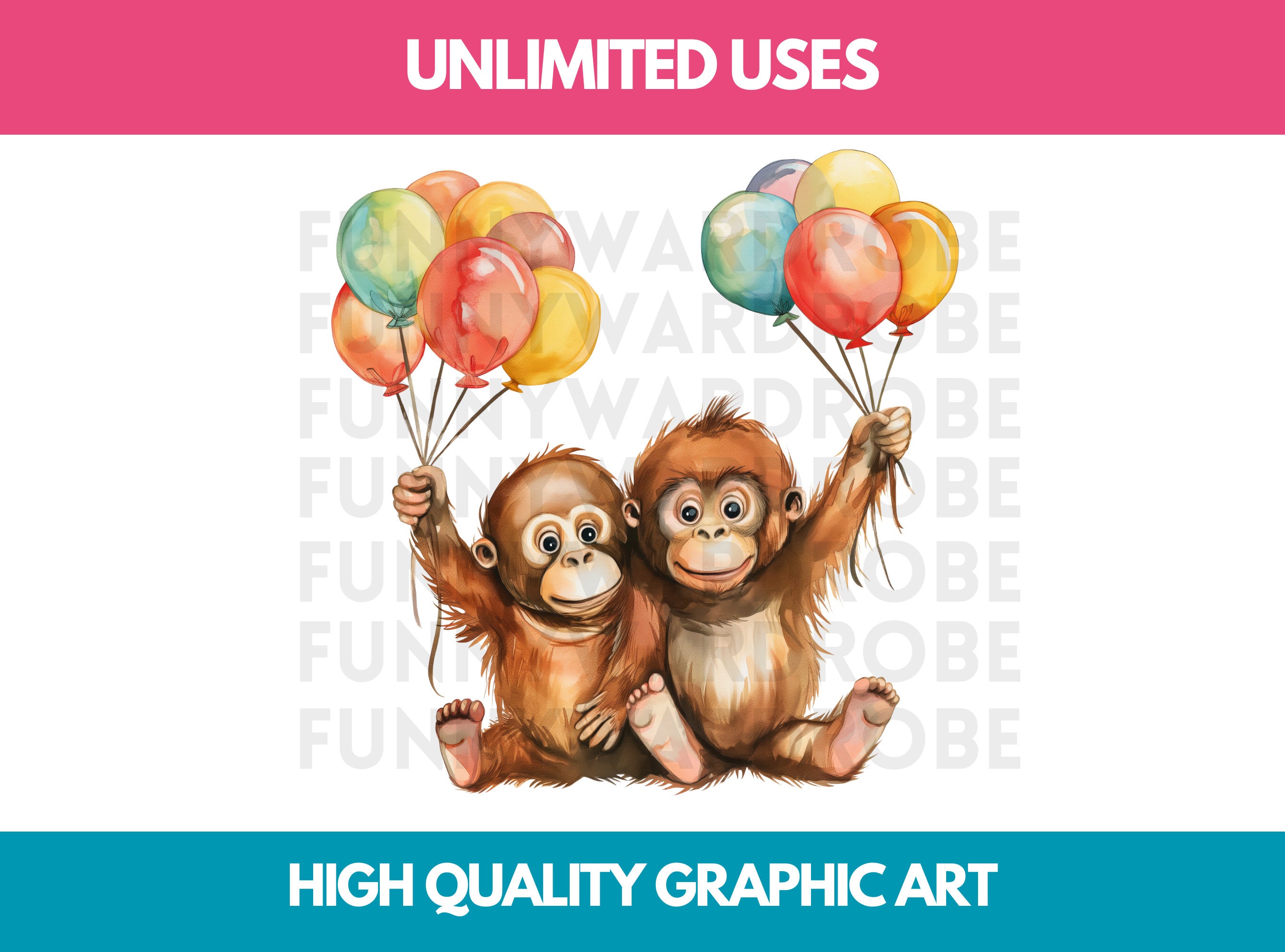 Cute Orangutans With Balloons Watercolor Effect PNG SVG JPG Monkey ...