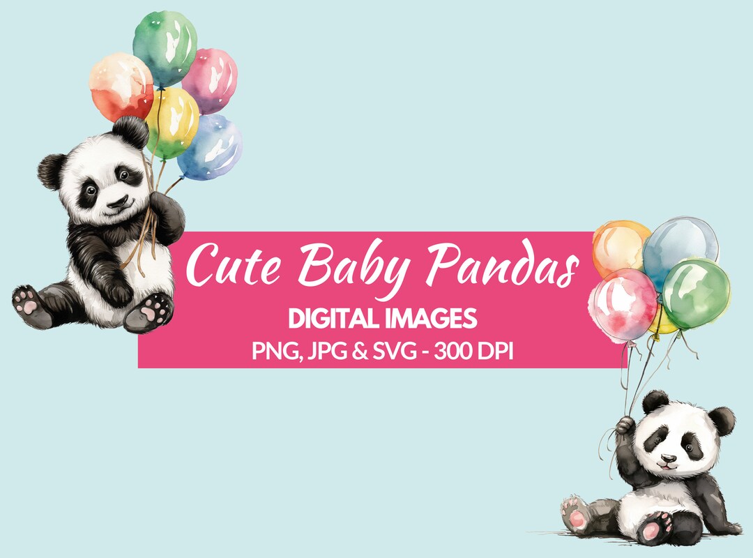 Cute Baby Pandas With Balloons Watercolor Effect PNG SVG JPG Digital ...