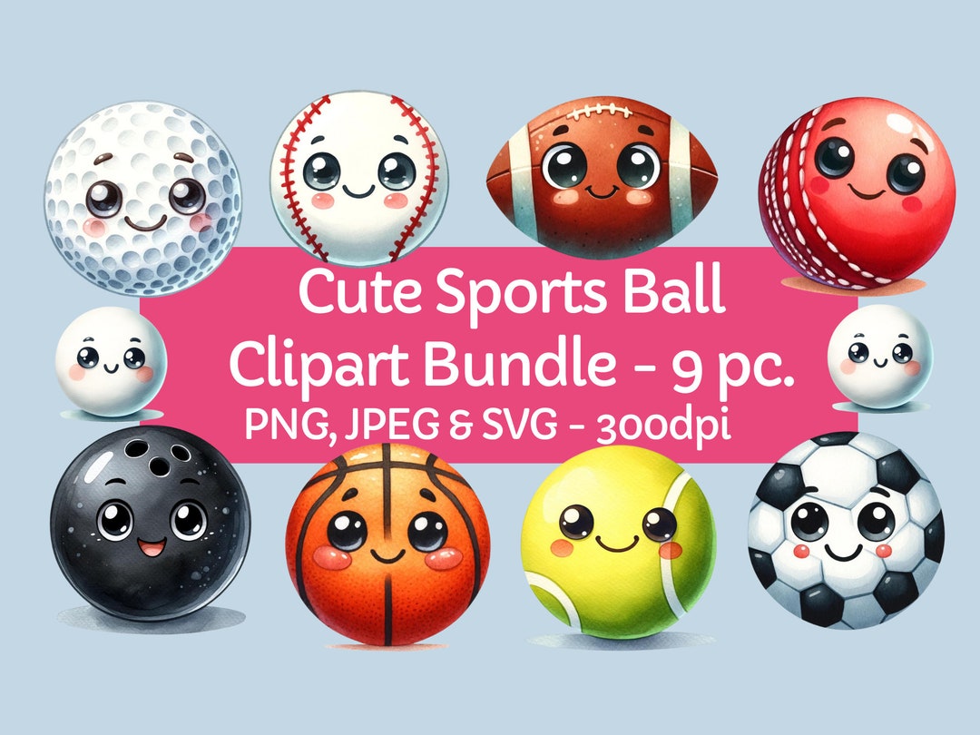 Watercolour Cute Sports Balls Clipart Bundle - Cartoon Sports Balls ...