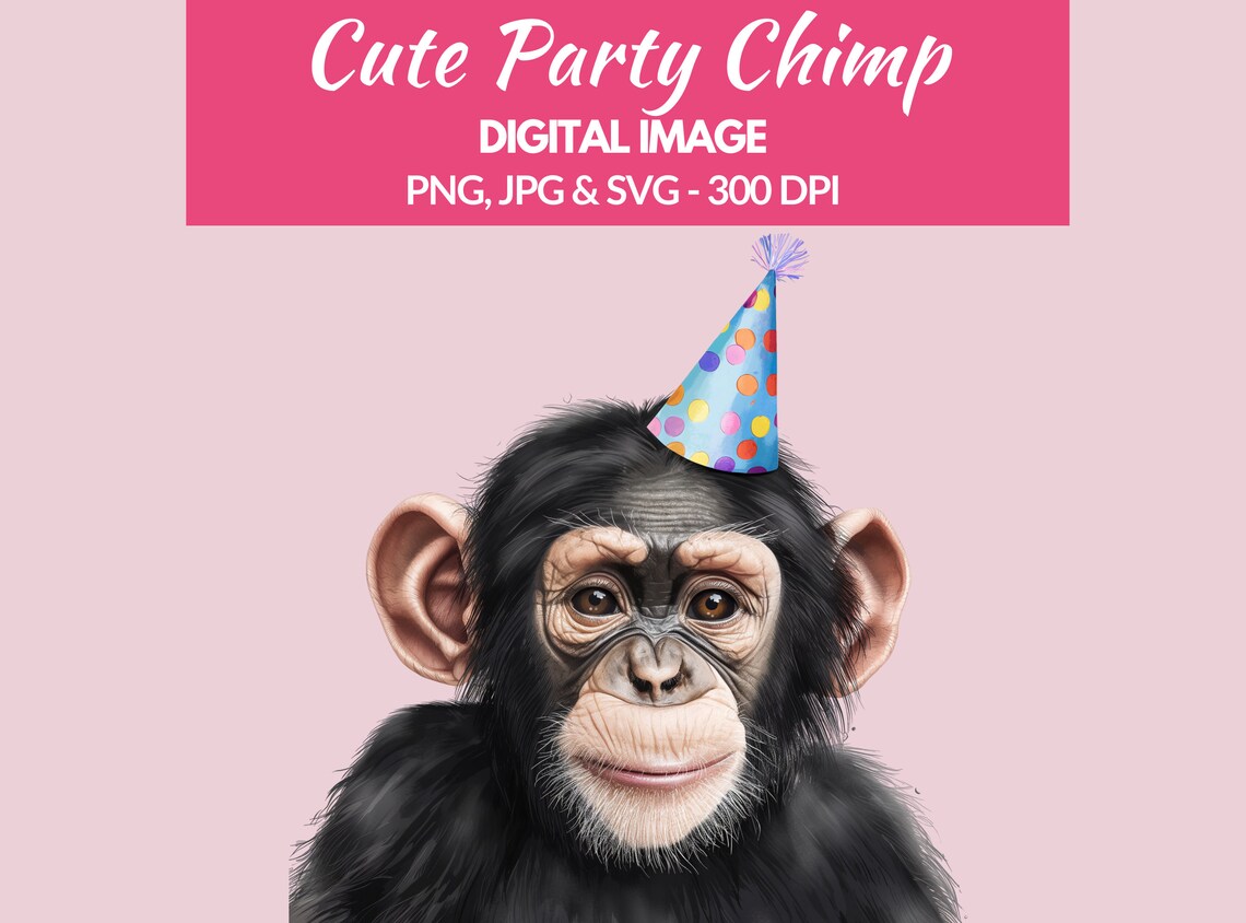 Chimpanzee Party Hat Clipart: Watercolor Chimp PNG SVG JPG (digital ...