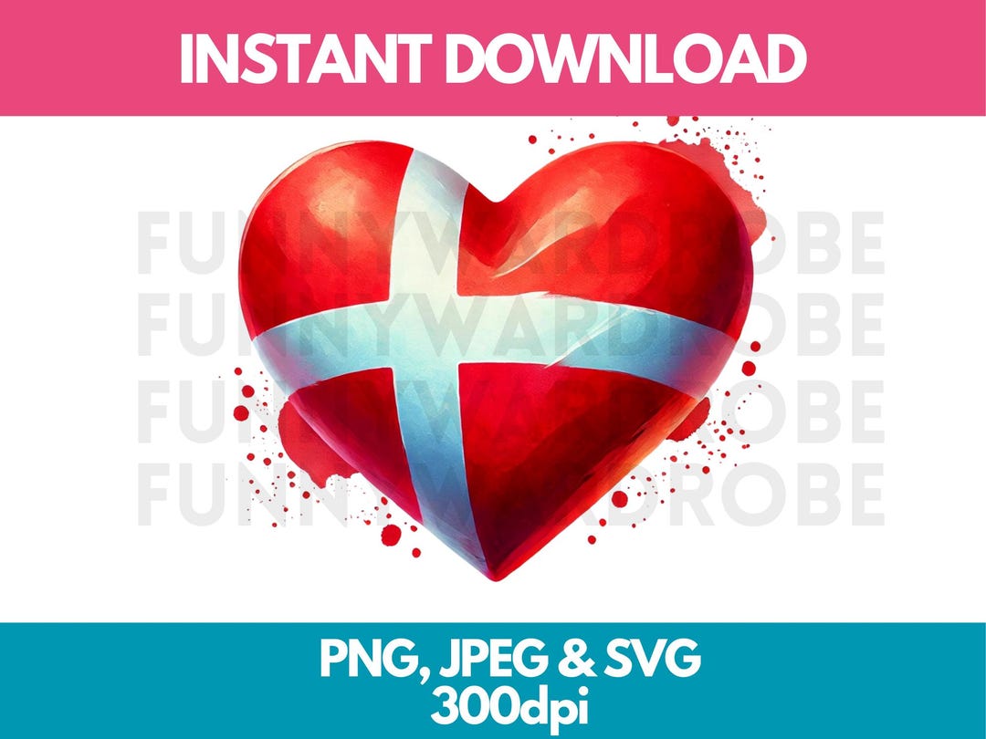 Denmark Heart Flag Watercolor Effect PNG SVG JPG Digital Clipart Clip ...