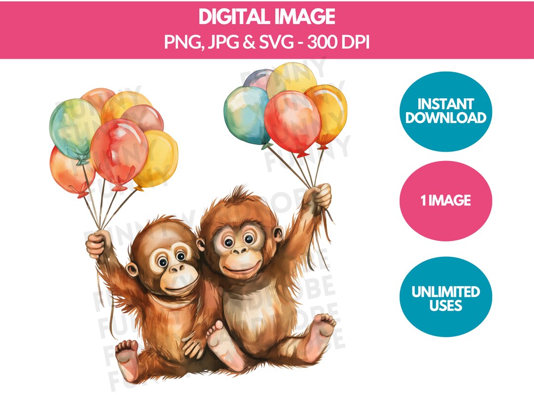 Cute Orangutans With Balloons Watercolor Effect PNG SVG JPG Monkey ...