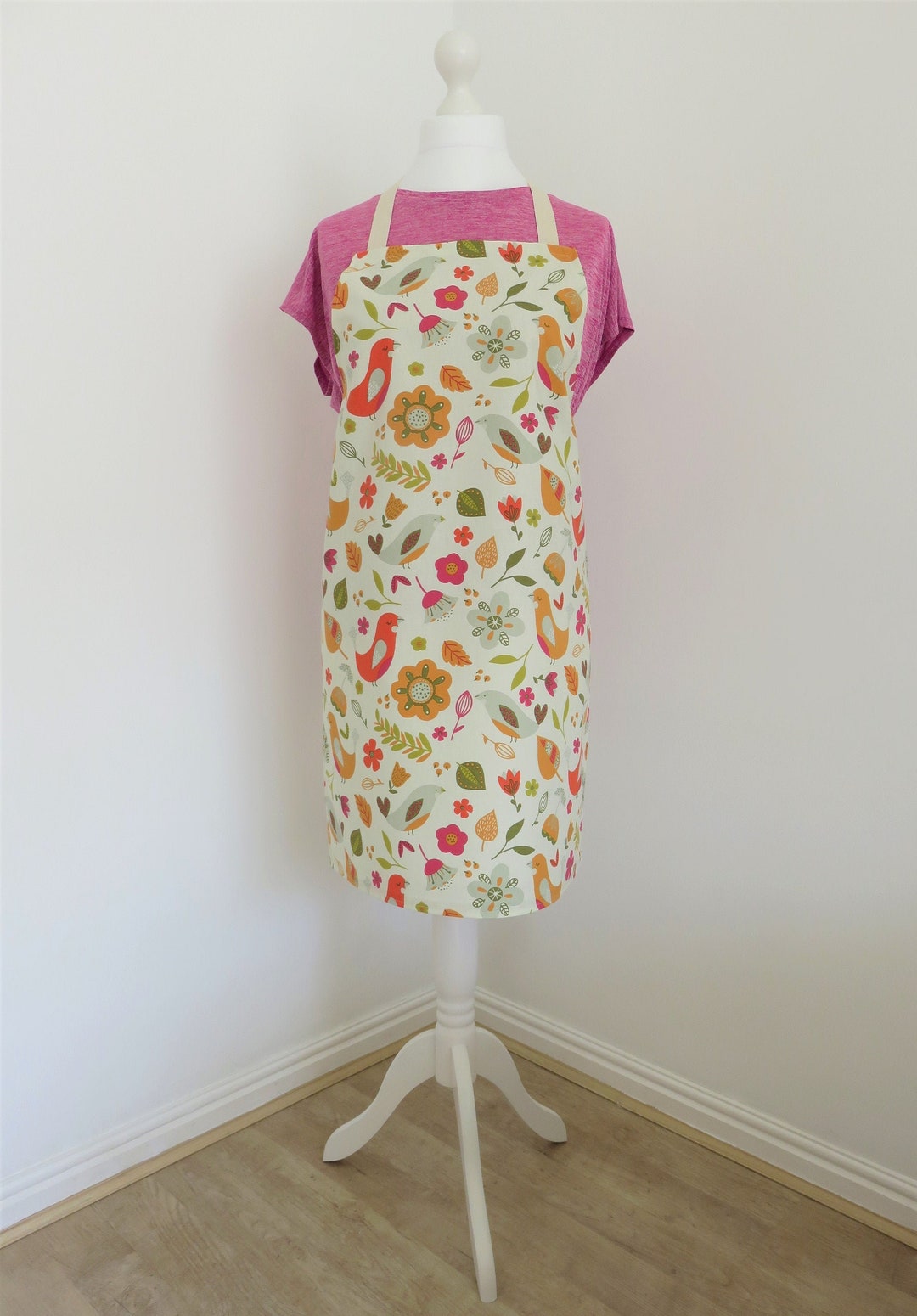 Pretty Bird and Floral Print Fabric Apron. Cotton, Handmade Adult Apron ...