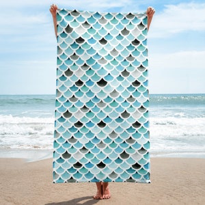 Mermaid Scale Beach and Bath Towel Blue and Green Watercolor Pattern ...