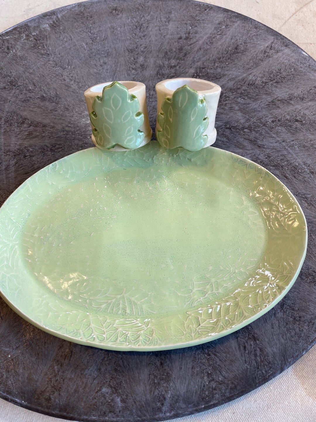 Shabbat Set: Green Leaf Plate and Candle Holders - Etsy