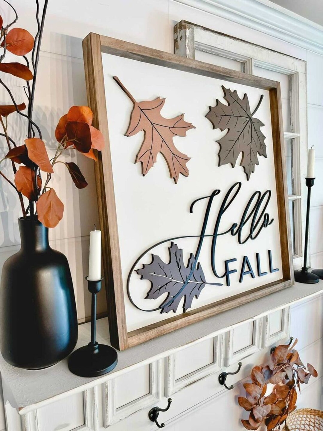 Handmade Hello Fall Sign With 3D Laser Cut Autumn Leaves - Fall Decor ...