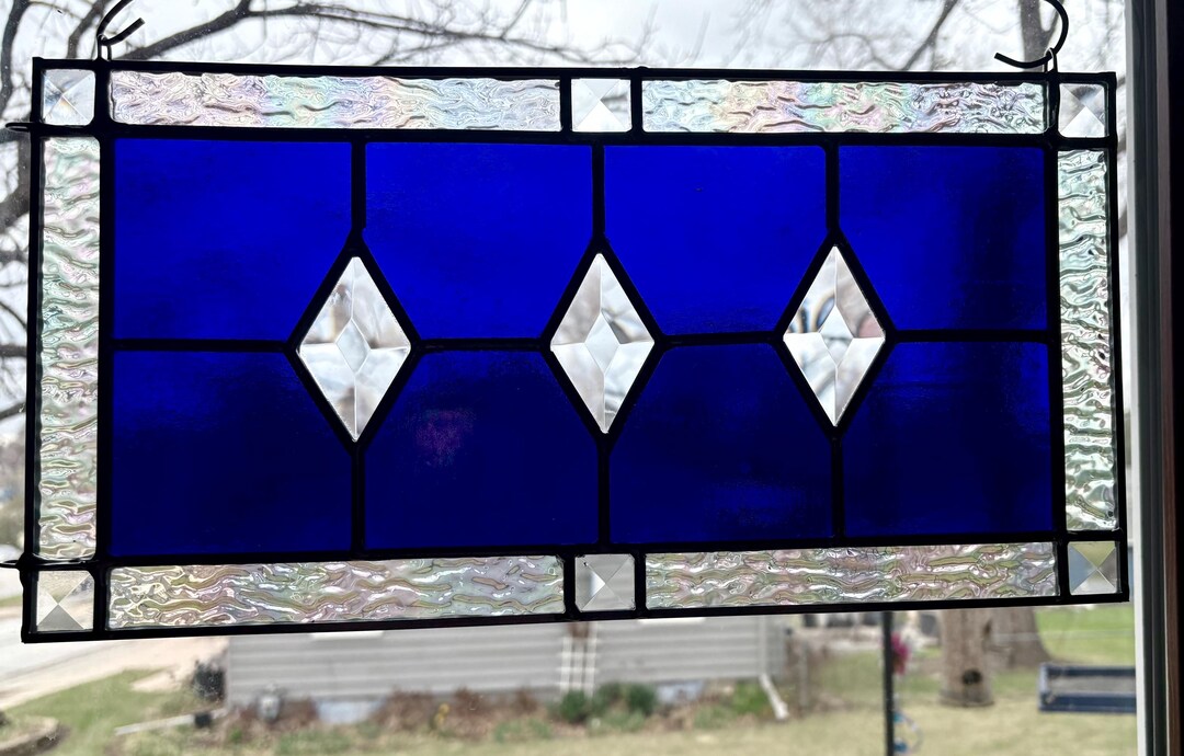 Cerulean Blue-iridescent Victorian Style Stained Glass Window 16 X 8 ...