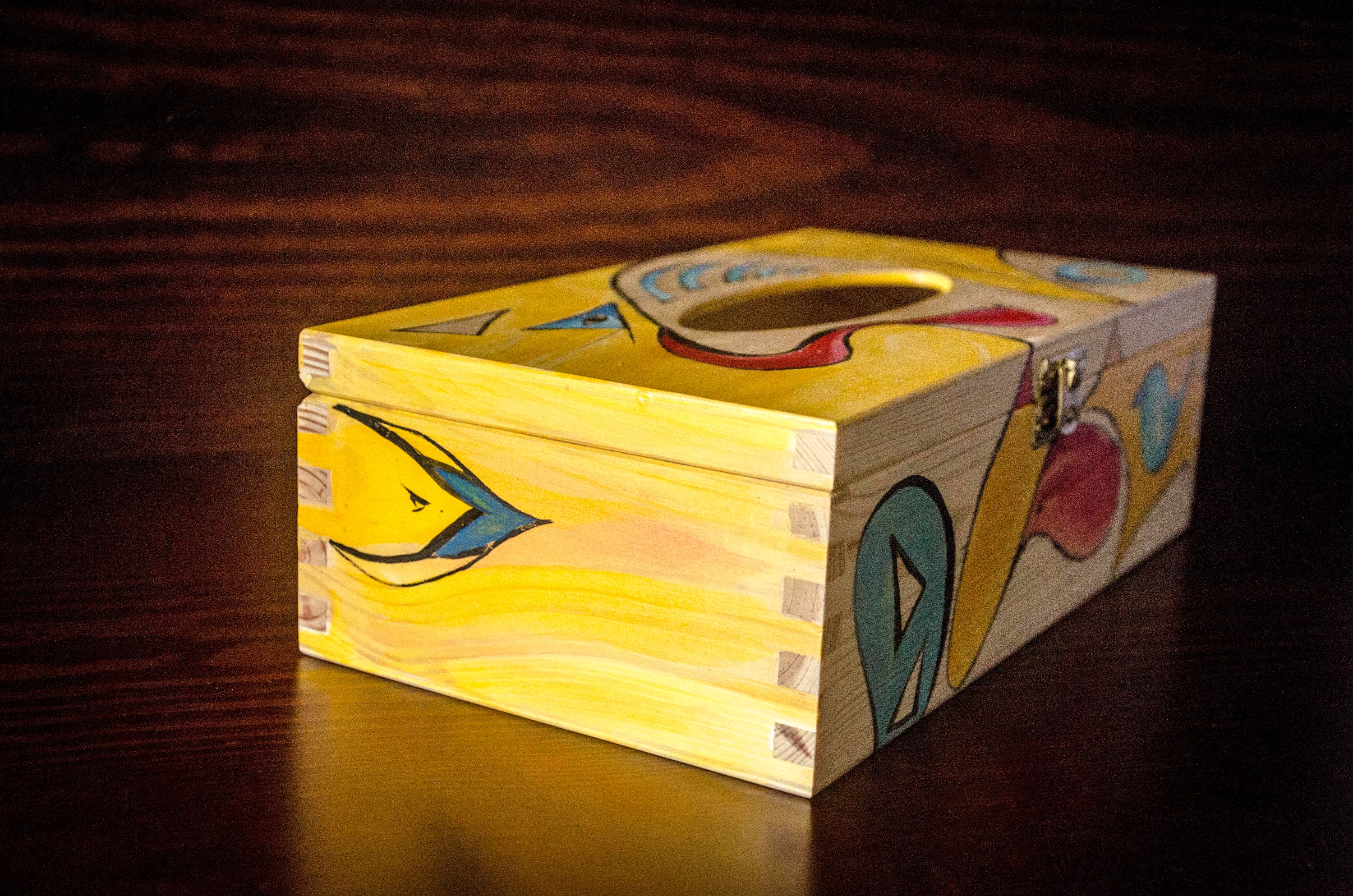 Wooden tissue box hand painted yellow pix pyxis unique | Etsy