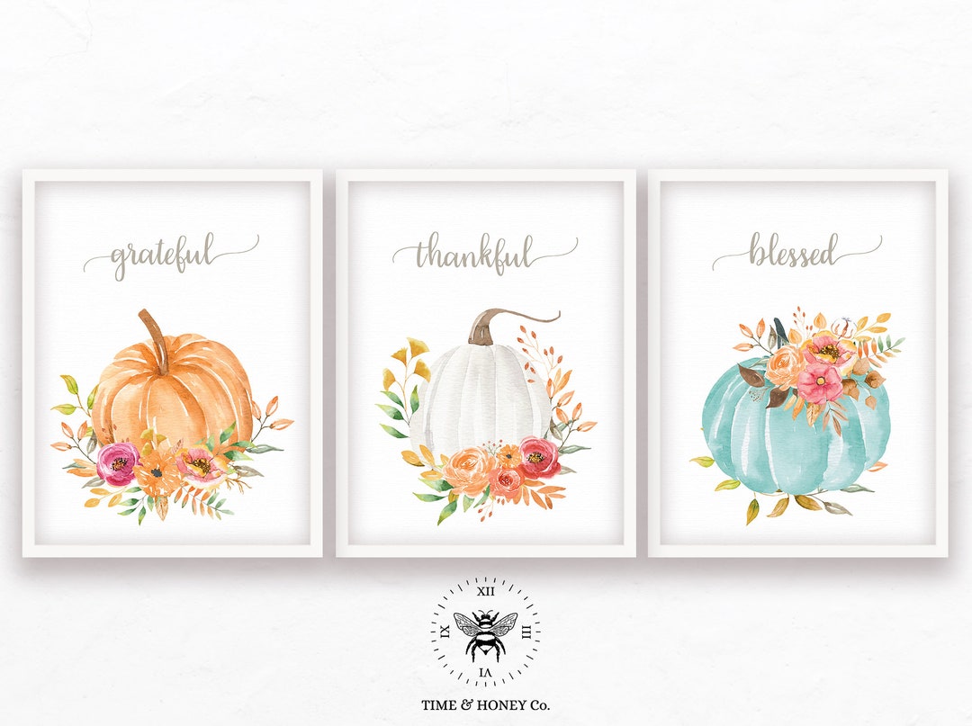 Thankful Grateful Blessed Set of 3 Printables Watercolor Pumpkins ...