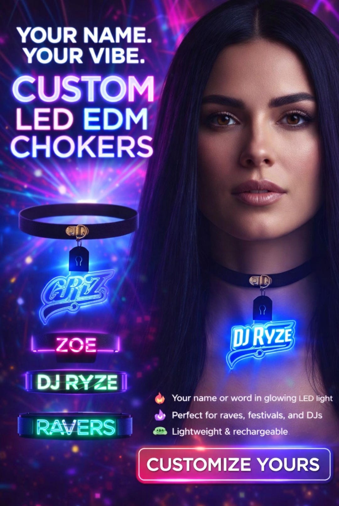 Custom LED EDM Choker – Raver Necklace – Techwear Gift – Festival ...