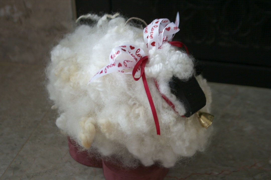 Sheep Decor, Hand Crafted White Wool Sheep Decoration With Red and ...