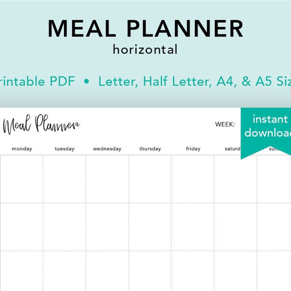 Meal Planner Horizontal, Weekly Meal Tracker, Food Log, Snack Breakfast ...