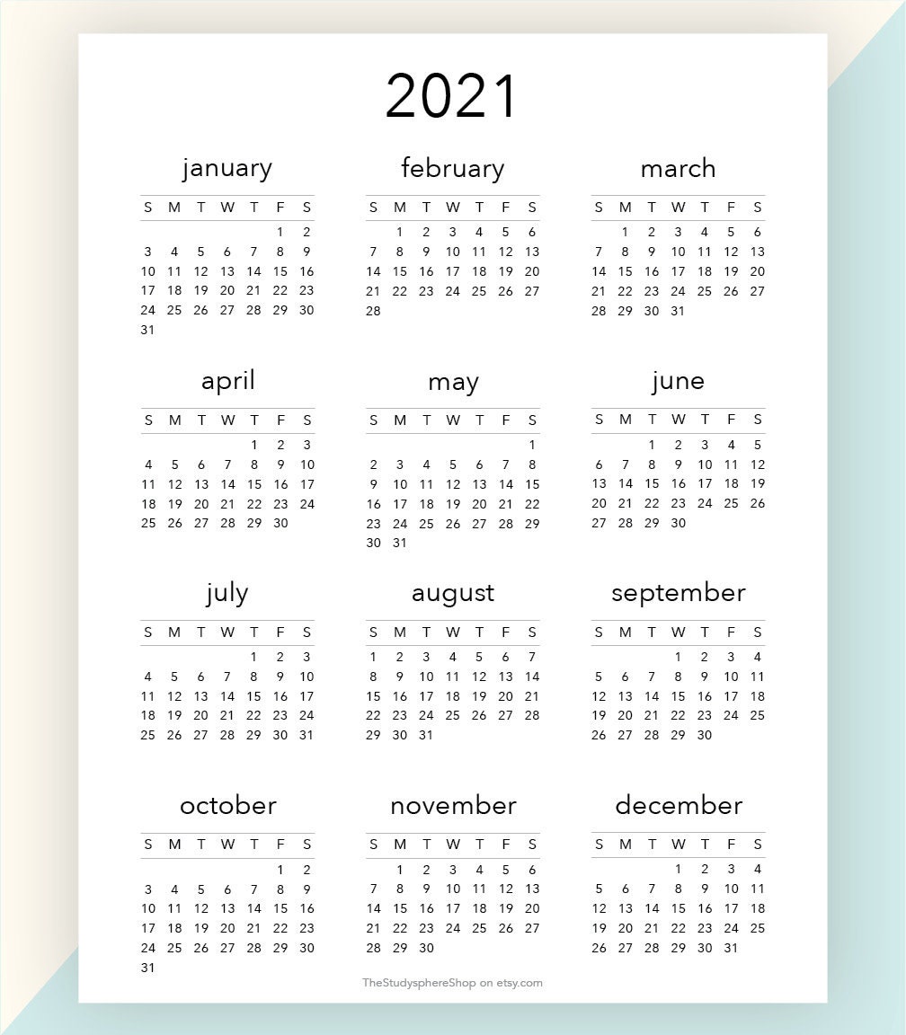 2021 Year at a Glance, 2021 Calendar, Yearly Overview, Yearly Planner ...