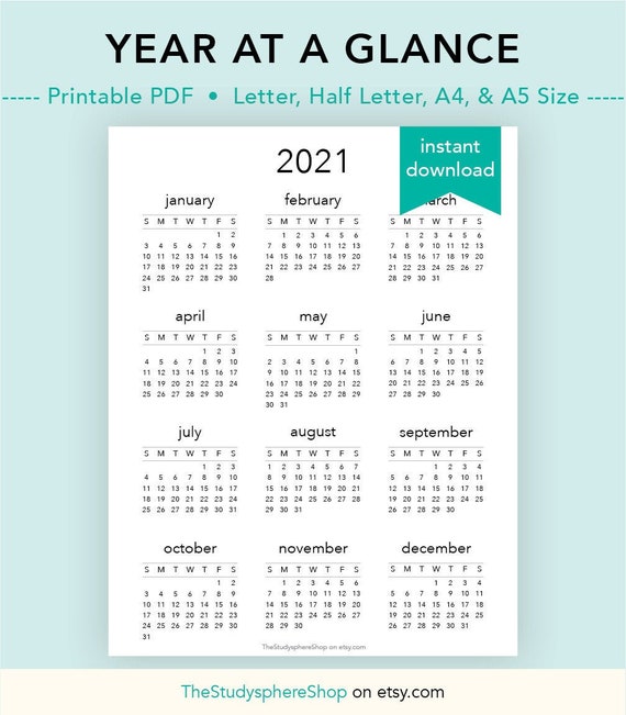 2021 Year at a Glance 2021 Calendar Yearly Overview Yearly Planner Yearly Calendar Planner Printable Letter half Letter a4 a5 Etsy