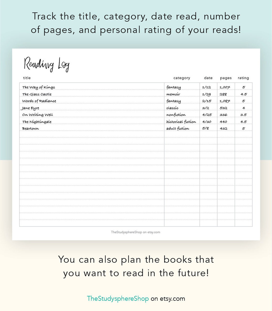 Reading Log Horizontal, Reading Tracker, Book Log, Reading List, Book ...