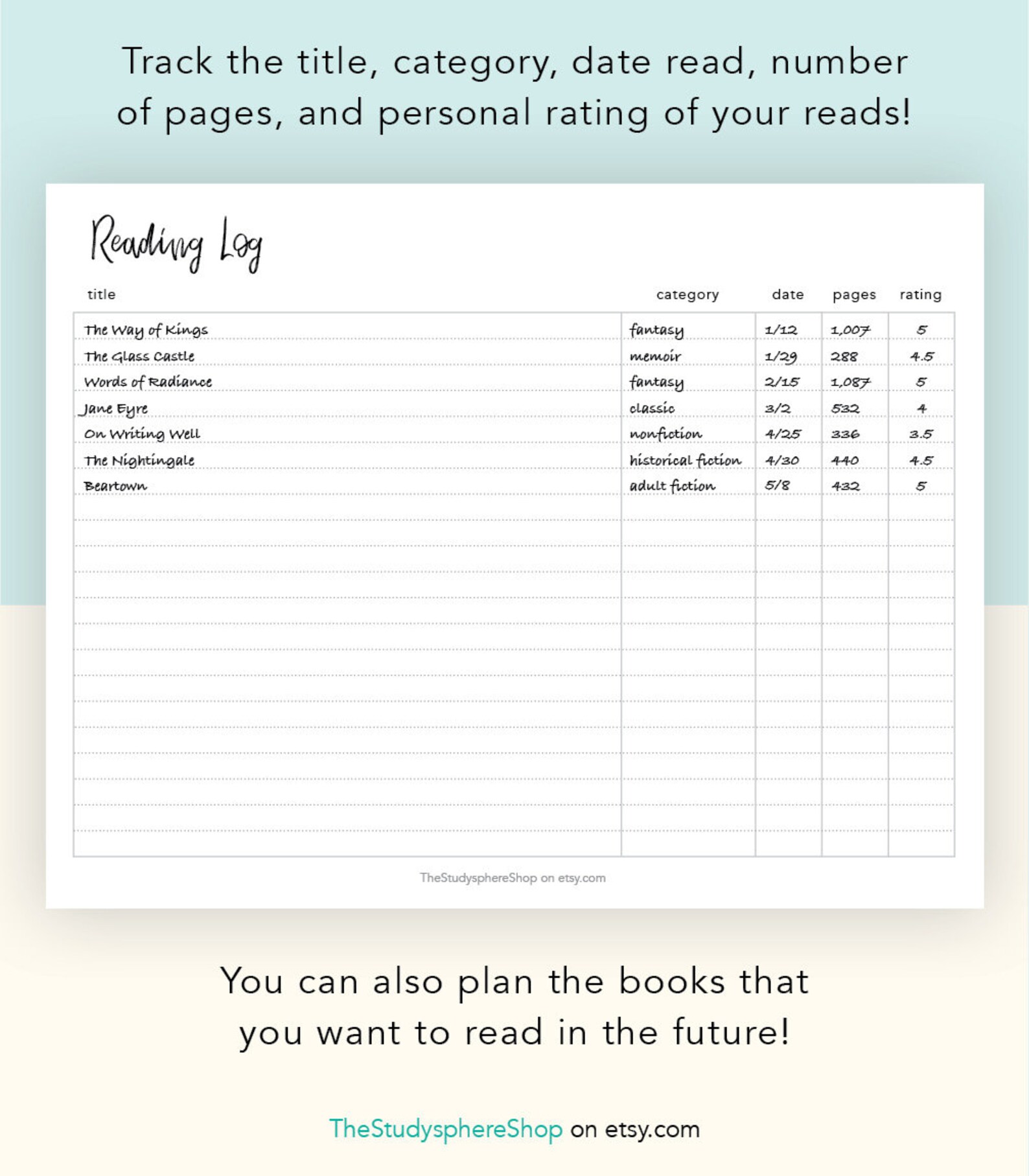 Reading Log Horizontal, Reading Tracker, Book Log, Reading List, Book ...