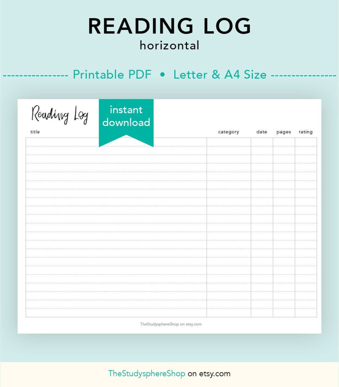 Reading Log Horizontal, Reading Tracker, Book Log, Reading List, Book ...