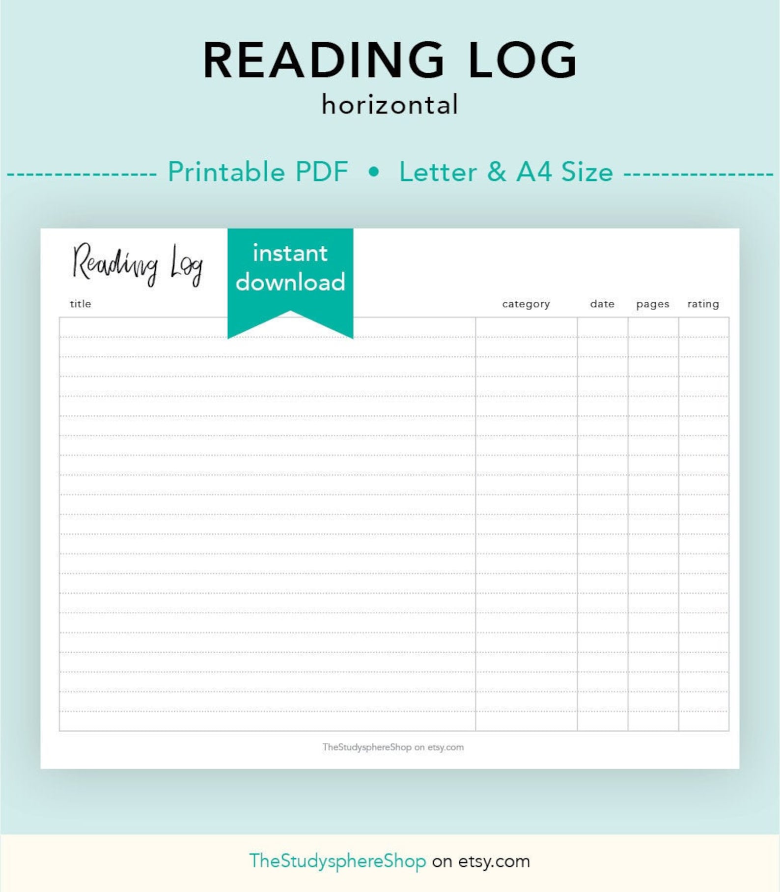 Reading Log Horizontal, Reading Tracker, Book Log, Reading List, Book ...