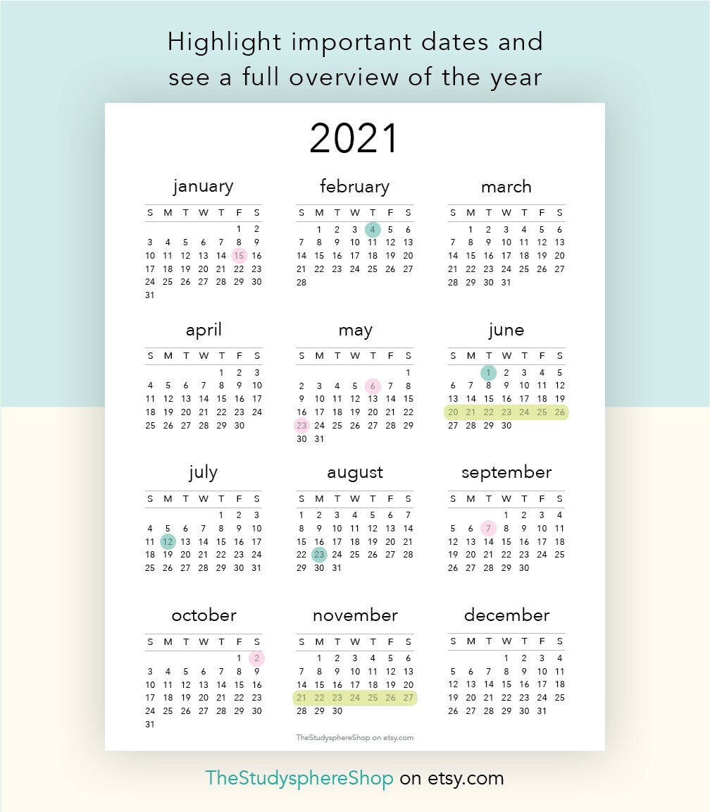 2021 Year at a Glance, 2021 Calendar, Yearly Overview, Yearly Planner ...