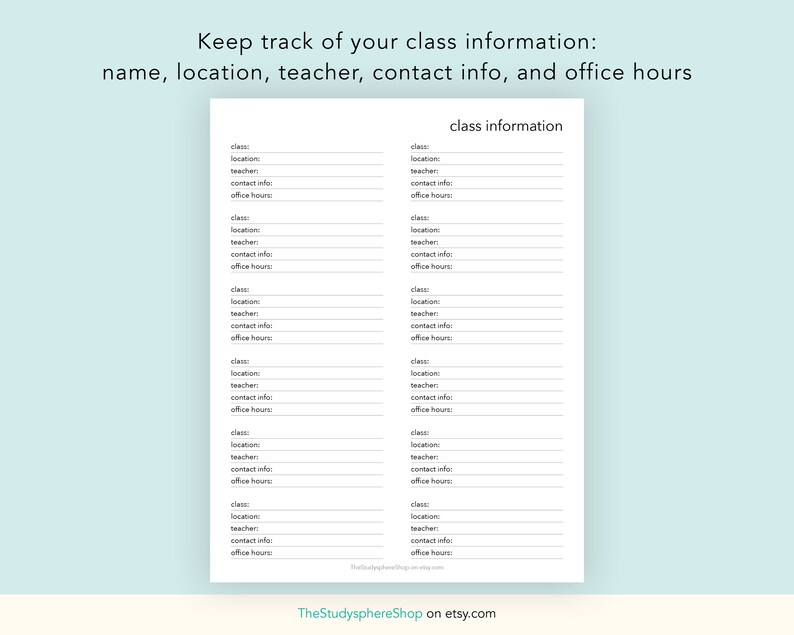 Class Information School Planner Class Overview Semester | Etsy Hong Kong