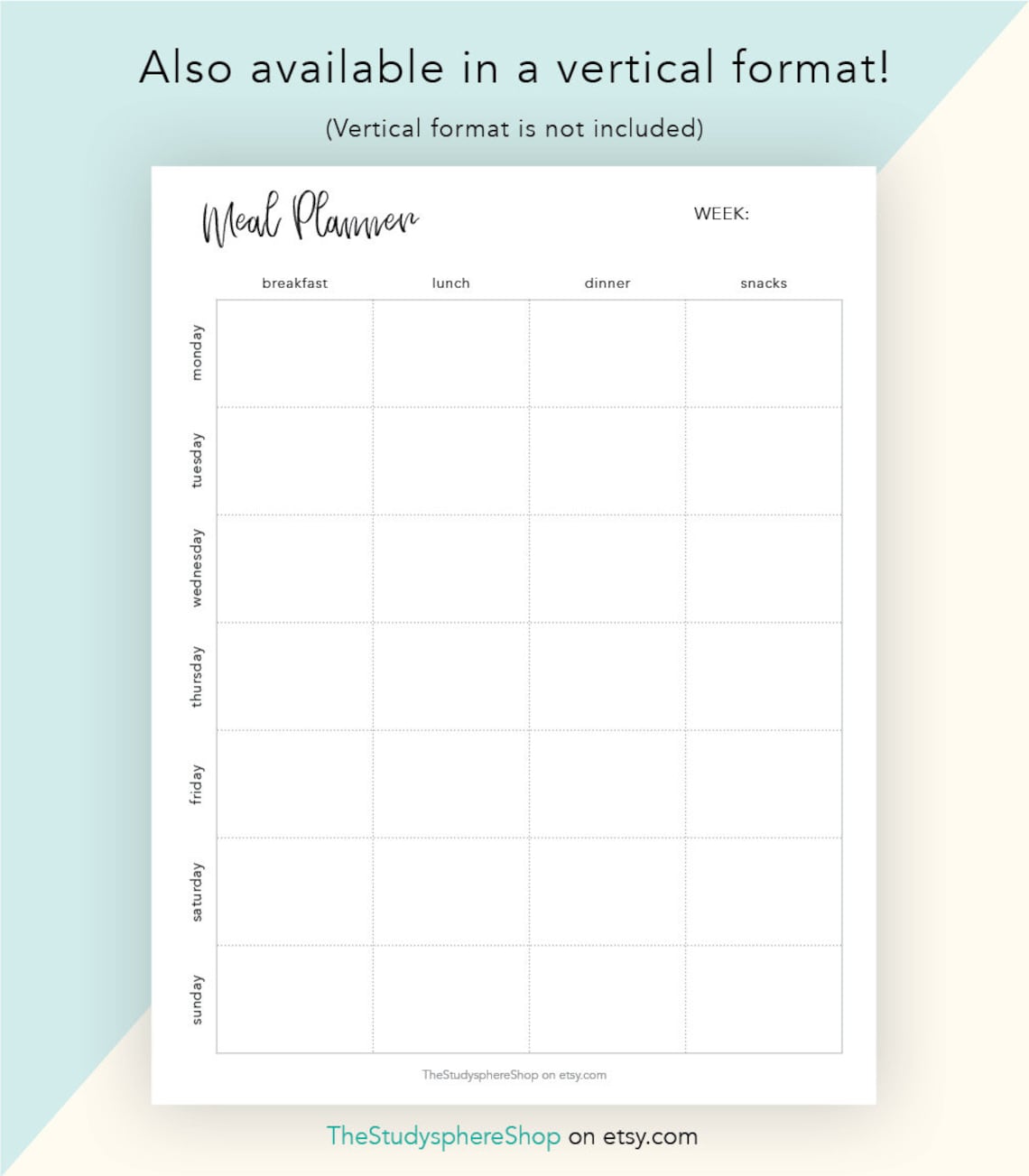Meal Planner Horizontal, Weekly Meal Tracker, Food Log, Snack Breakfast ...