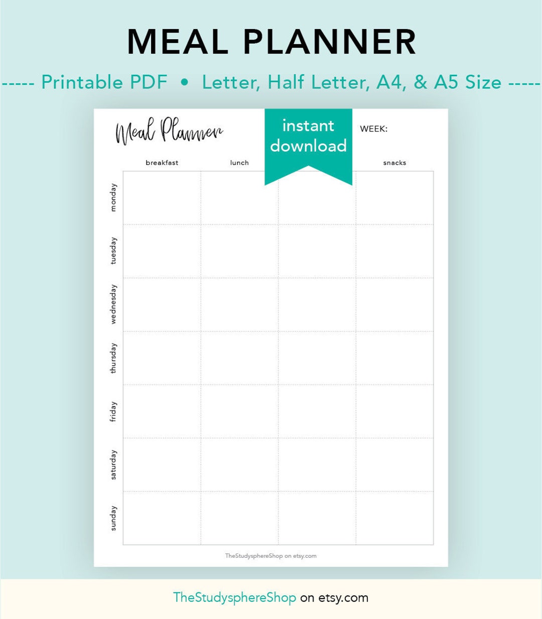Meal Planner Horizontal, Weekly Meal Tracker, Food Log, Snack Breakfast ...